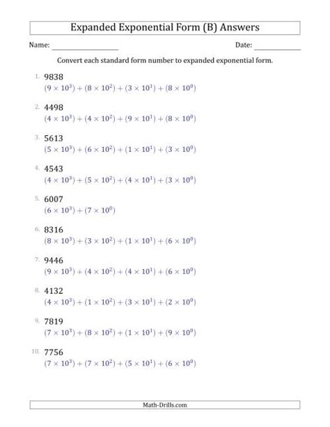 converting standard form numbers to expanded exponential form 4 digit numbers b