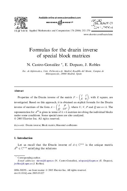 pdf formulas for the drazin inverse of special block matrices juan robles