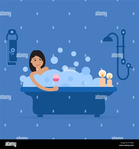 Vector Cartoon Style Illustration Of Woman Taking A Bath Full Of Soap Foam Relaxing Girl In