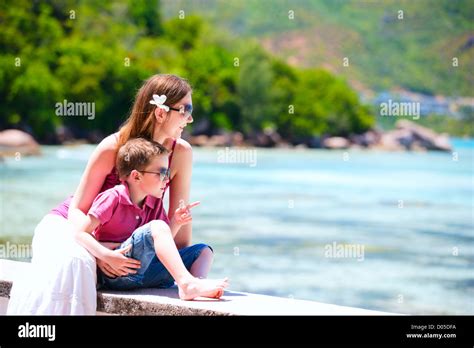 Mother And Son At Seafront Stock Photo Alamy