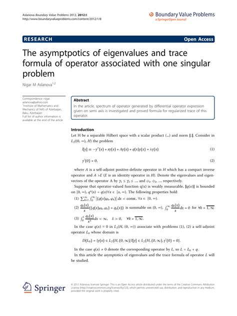 pdf the asymptpotics of eigenvalues and trace formula of operator associated with one singular