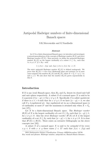 pdf antipodal hadwiger numbers of finite dimensional banach spaces