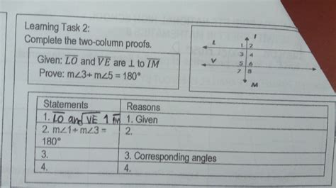 solved leaming task 2 complete the two column proofs given overline lo and overline ve are
