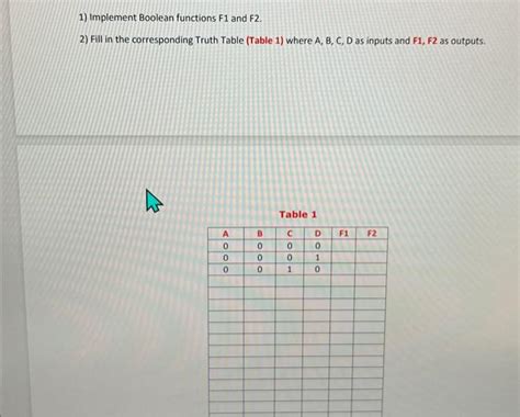 1 implement boolean functions f1 and f2 2 fill in
