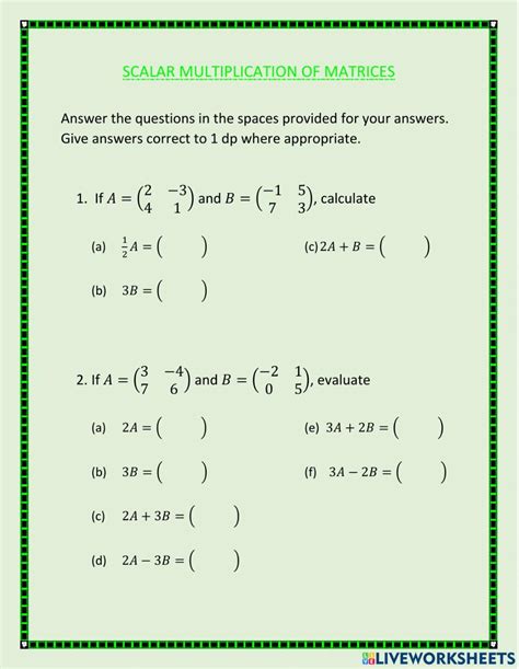 scalar multiplication of matrices worksheet live worksheets