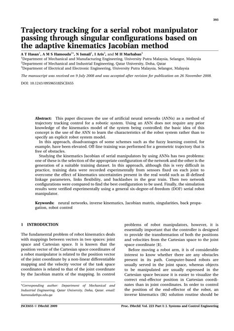pdf trajectory tracking for a serial robot manipulator passing through singular configurations