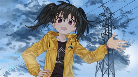 Safebooru 1girl D Ahoge Black Hair Black Shirt Blue Sky Day Hand On Hip Hand Up Highres Hood
