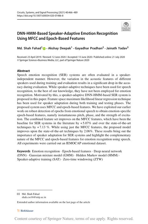 dnn hmm based speaker adaptive emotion recognition using mfcc and epoch based features request pdf