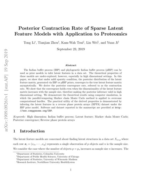 posterior contraction rate of sparse latent feature models with application to proteomics deepai