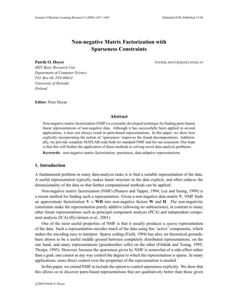 non negative matrix factorization with sparseness constraints
