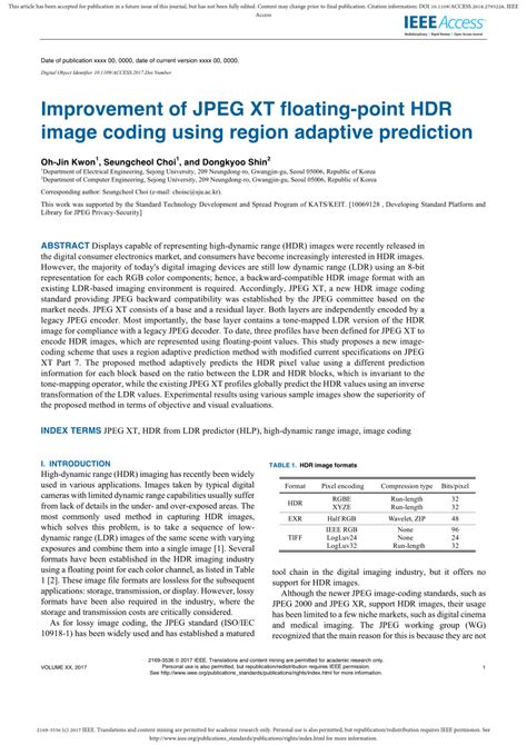 pdf improvement of jpeg xt floating point hdr image coding using region adaptive prediction