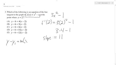 equation of tangent line f x x 3 x at x 2 youtube
