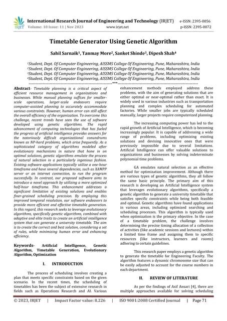 timetable generator using genetic algorithm pdf