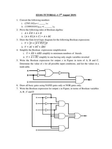 ee101 tutorial 1 converting number bases boolean algebra proofs gate level logic diagrams