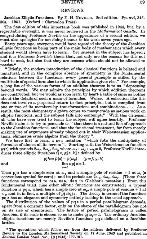 jacobian elliptic functions by e h neville 2nd edition pp xvi 345 30s 1951 oxford