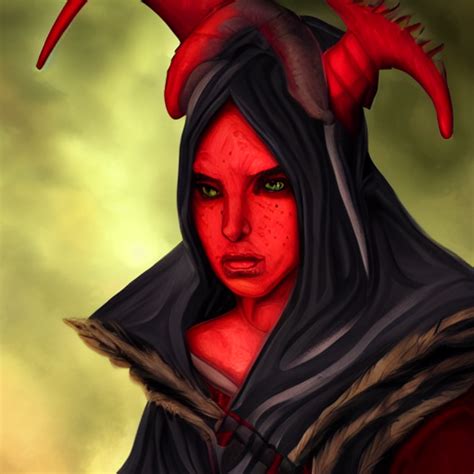 Prompthunt A Female Tiefling With Red Skin Freckles And A Black Cloak