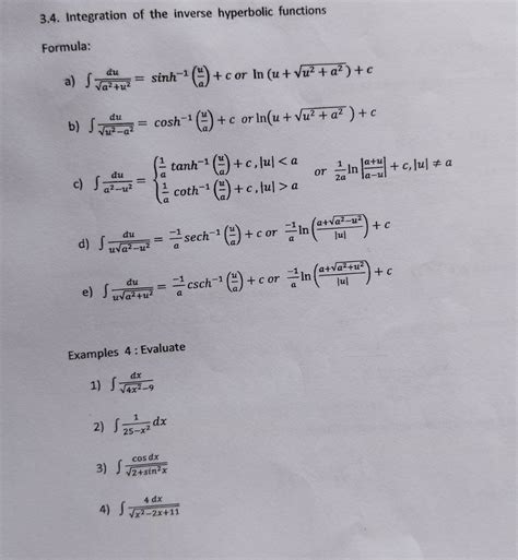 [solved] 3 4 integration of the inverse hyperbolic functions formula course hero
