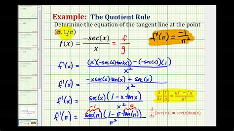 ex determine the equation of a tangent line to using the quotient rule involving a trig