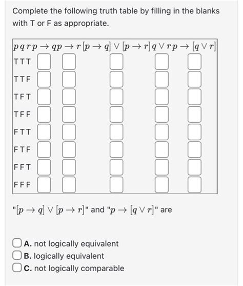solved complete the following truth table by filling in the