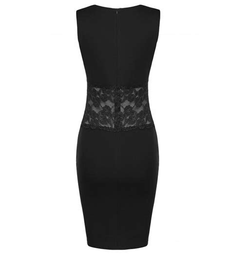 Womens Sleeveless V Neck Lace Patchwork Slim Fit Vintage Bodycon Pencil Dress Black Ct12fi7qg4z