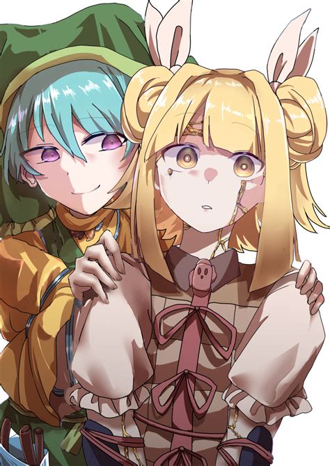 Safebooru 2girls Absurdres Apapo Blonde Hair Blue Hair Double Bun Gold Green Headwear Hair Bun