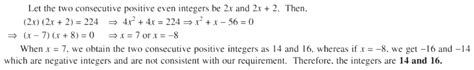 find two consecutive positive even integers whose product is 224 using quadratic equation