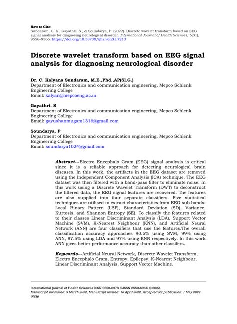 pdf discrete wavelet transform based on eeg signal analysis for diagnosing neurological disorder