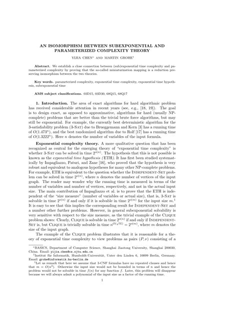 pdf an isomorphism between subexponential and parameterized complexity theory