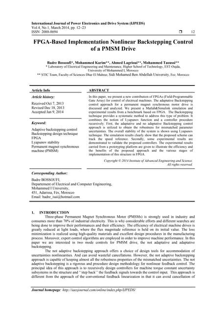 fpga based implementation nonlinear backstepping control of a pmsm drive pdf