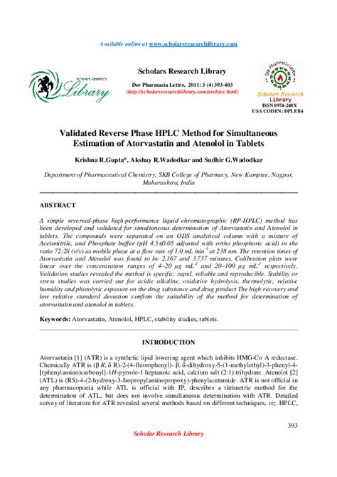 pdf validated reverse phase hplc method for simultaneous estimation of atorvastatin and