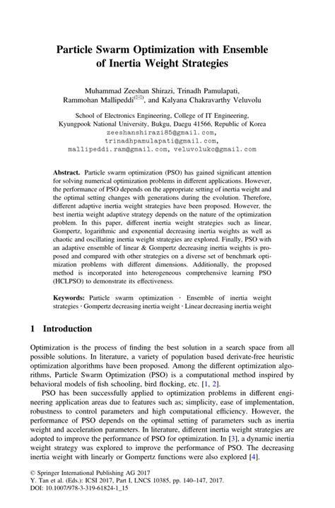 pdf particle swarm optimization with ensemble of inertia weight strategies