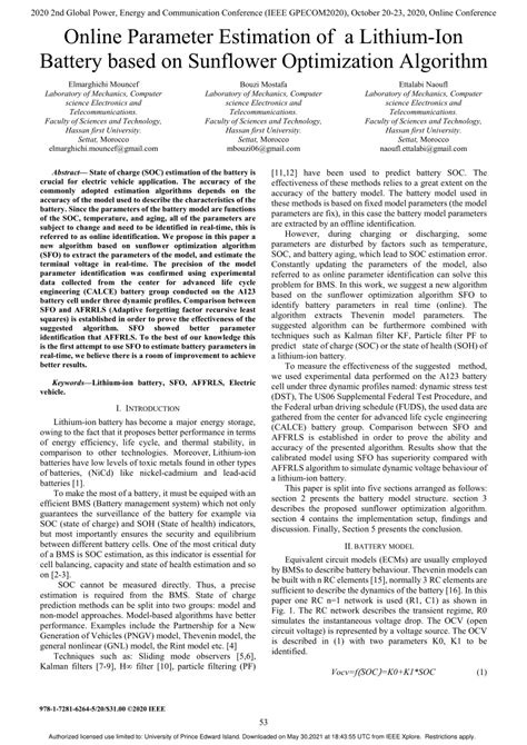 pdf online parameter estimation of a lithium ion battery based on sunflower optimization algorithm