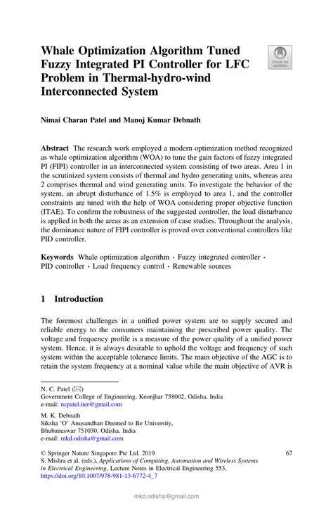 pdf whale optimization algorithm tuned fuzzy integrated pi controller for lfc problem in