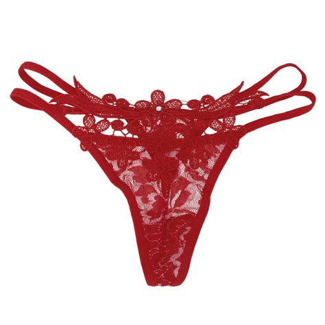 Imported Sexy Sheer V String Thong Underwear Lace Embroidered Panties Brief Red
