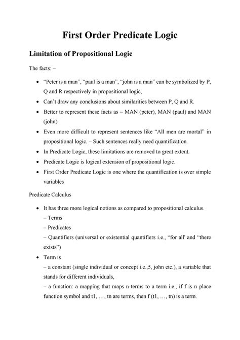 first order predicate logic first order predicate logic limitation of propositional logic the