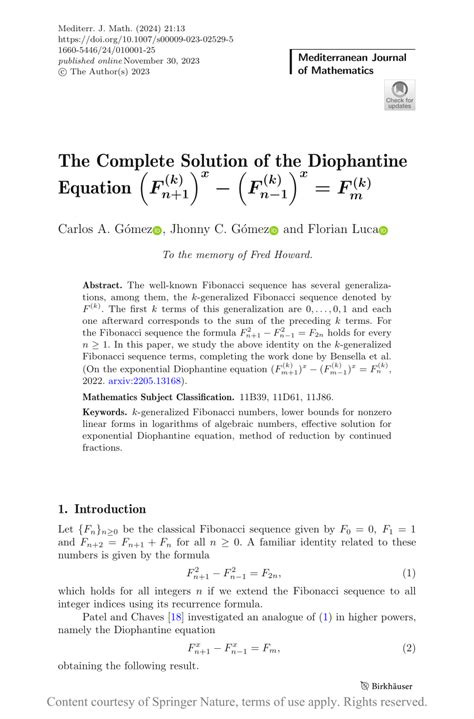 pdf the complete solution of the diophantine equation f {n 1} { k } x f {n 1} { k } x f {m