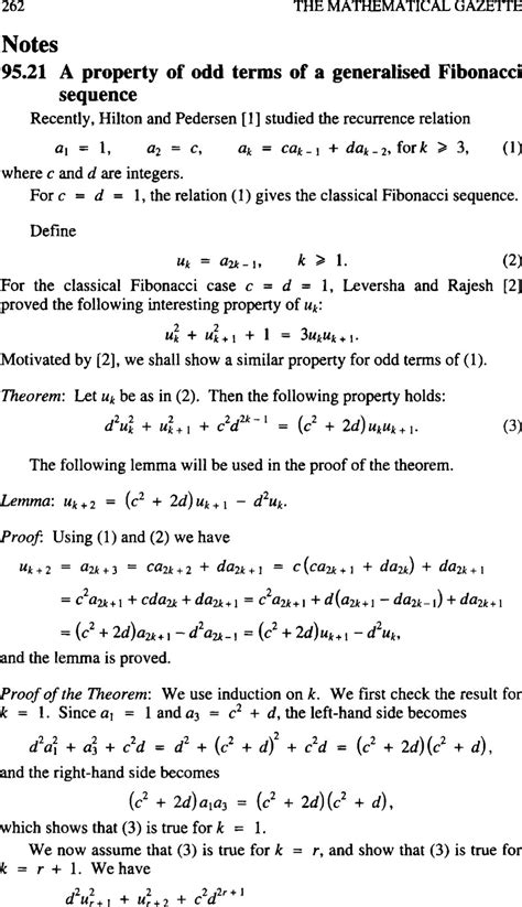 95 21 a property of odd terms of a generalised fibonacci sequence the mathematical gazette