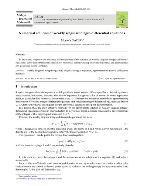pdf numerical solution of weakly singular integro differential equations