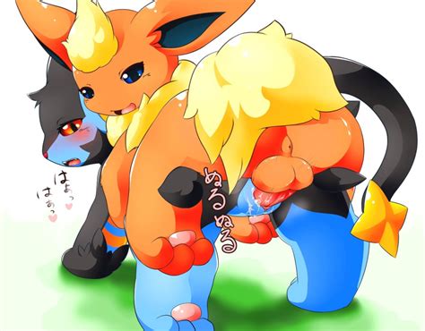 Rule 34 All Fours Anus Balls Blue Eyes Blush Cum Eeveelution Erection Female Flareon Grass