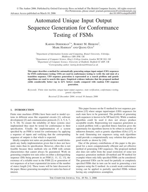 pdf automated unique input output sequence generation for conformance testing of fsms
