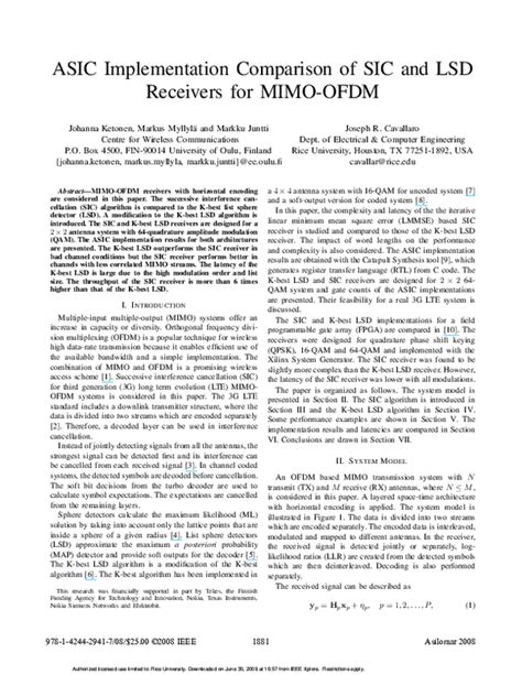 pdf asic implementation comparison of sic and lsd receivers for mimo ofdm markku juntti