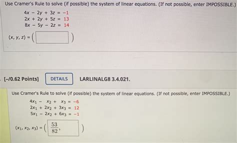solved use cramer s rule to solve if possible the system
