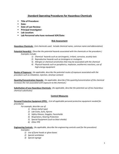 Hazardous Chemical SOP Word Document