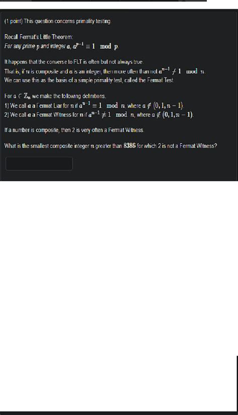 solved 1 point this question concerns primality testing