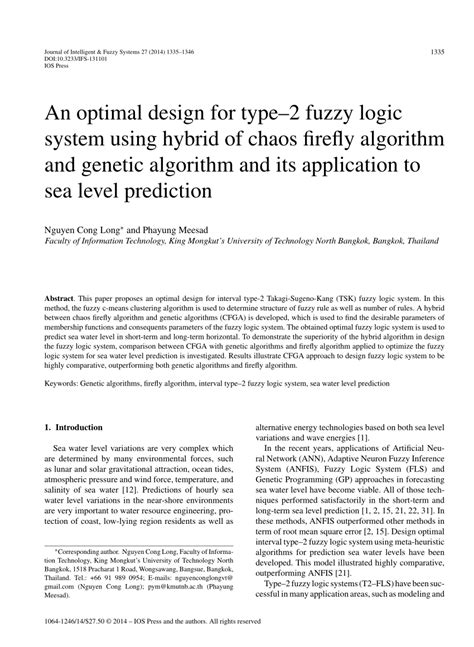 pdf an optimal design for type 2 fuzzy logic system using hybrid of chaos firefly algorithm