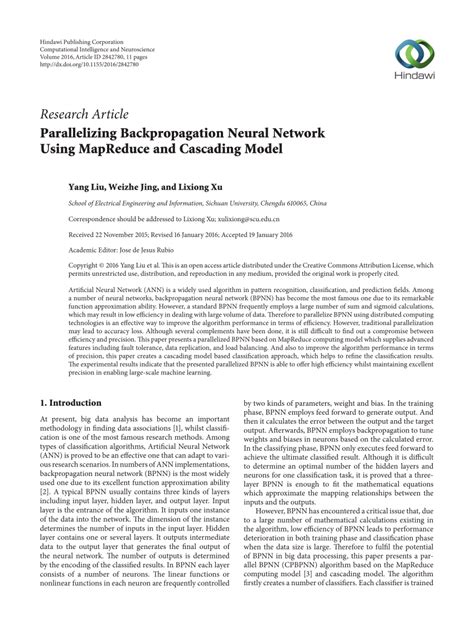 pdf parallelizing backpropagation neural network using mapreduce and cascading model