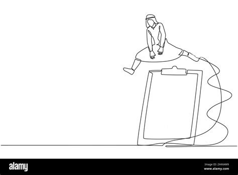 Continuous One Line Drawing Arab Businessman Jumping Over Big Clipboard Paper Sheet Document