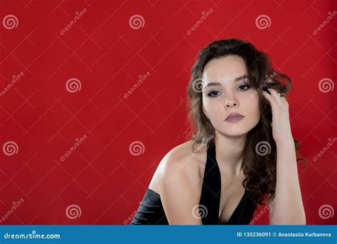 Brunette Girl On Red Background Stock Image Image Of Bright Health 135236091