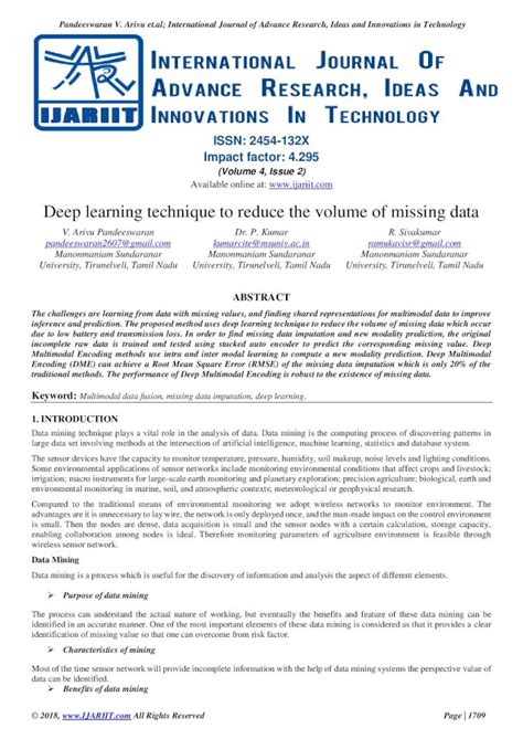 pdf deep learning technique to reduce the volume of missing datamultiple imputation for