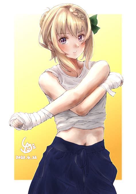 Safebooru 1girl Alternate Costume Artist Logo Bandaged Hand Bandages Bangs Blonde Hair Blue